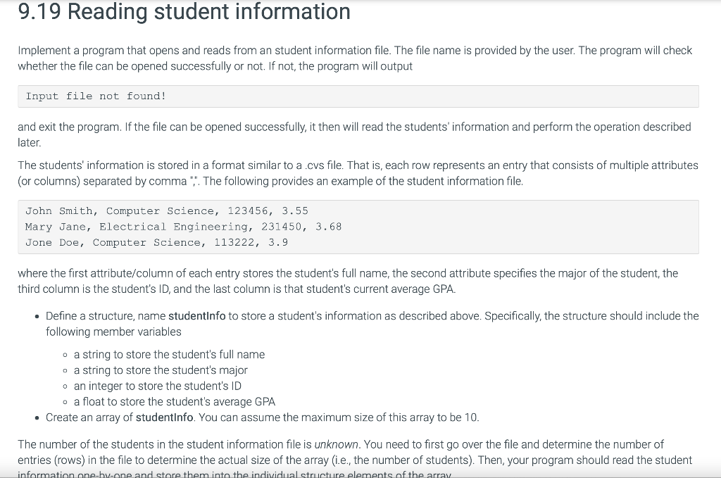Solved 9.19 Reading student information Implement a program | Chegg.com