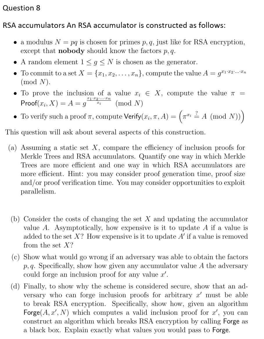 Question 8 RSA accumulators An RSA accumulator is | Chegg.com