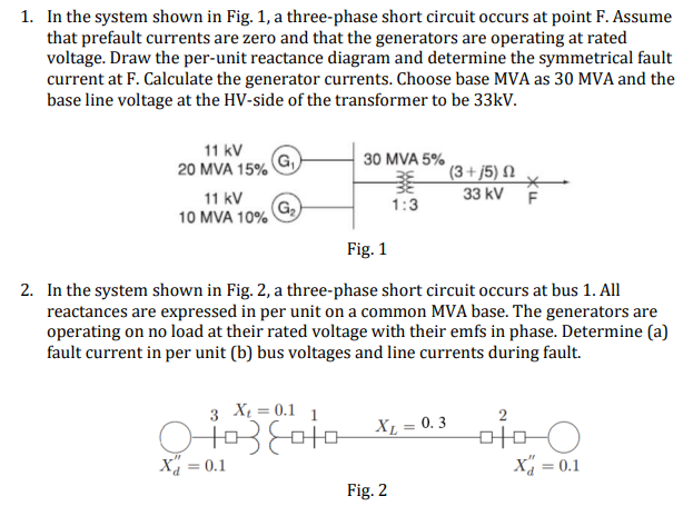 Solved In the system shown in Fig. 1, ﻿a three-phase short | Chegg.com