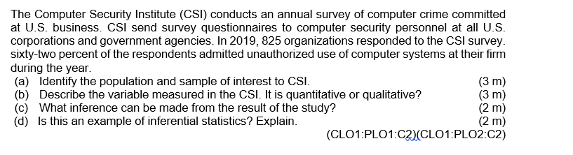 Solved The Computer Security Institute (CSI) conducts an | Chegg.com