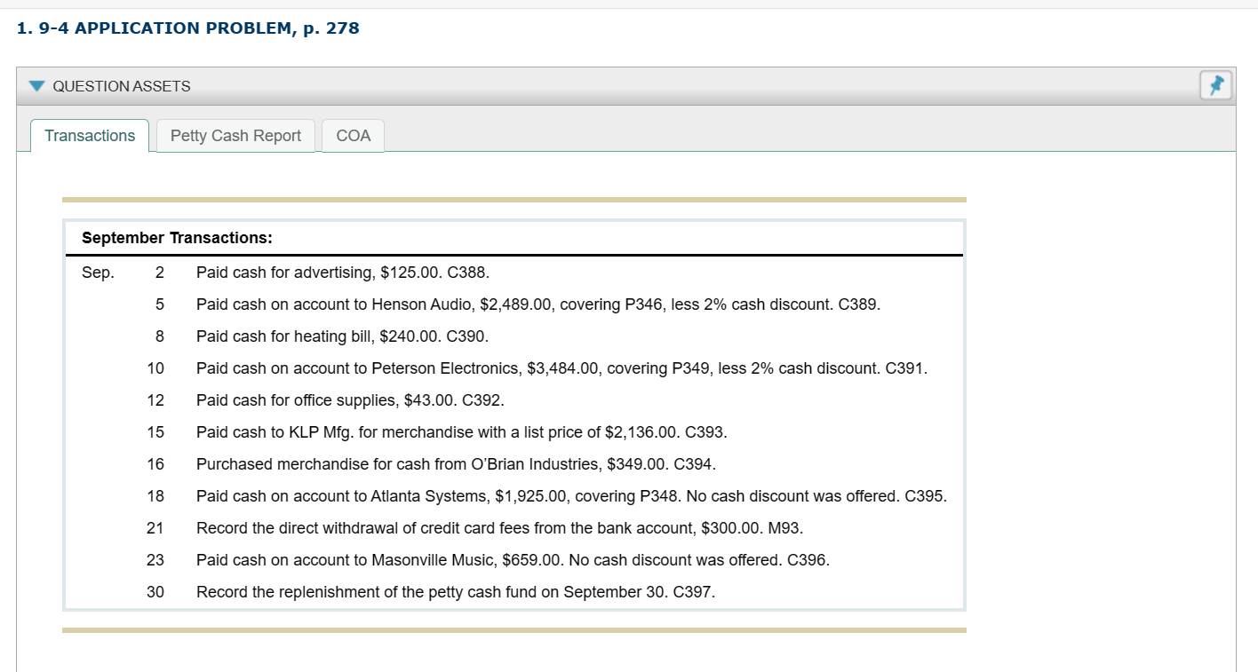 Solved 1. 9-4 APPLICATION PROBLEM, p. 278 QUESTION ASSETS | Chegg.com