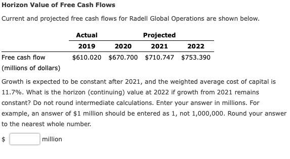 Solved Horizon Value of Free Cash Flows Current and | Chegg.com