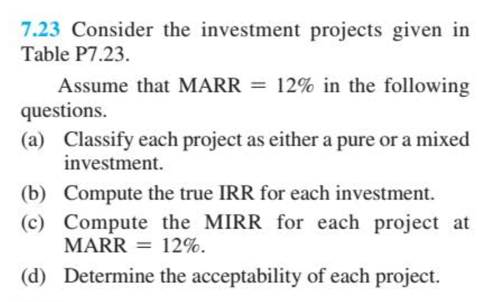 Solved 7.23 Consider the investment projects given in Table | Chegg.com Solved 7.23 Consider the investment projects given in Table | Chegg.com