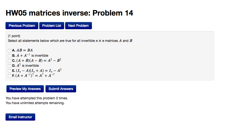 Solved HW05 matrices inverse: Problem 14 Previous Problem | Chegg.com
