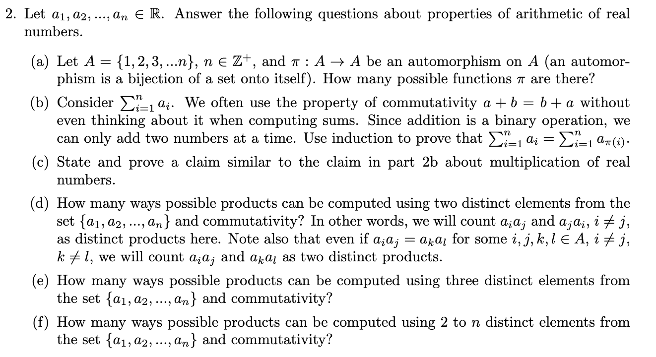Solved 2. Let a1,a2,…,an∈R. Answer the following questions | Chegg.com