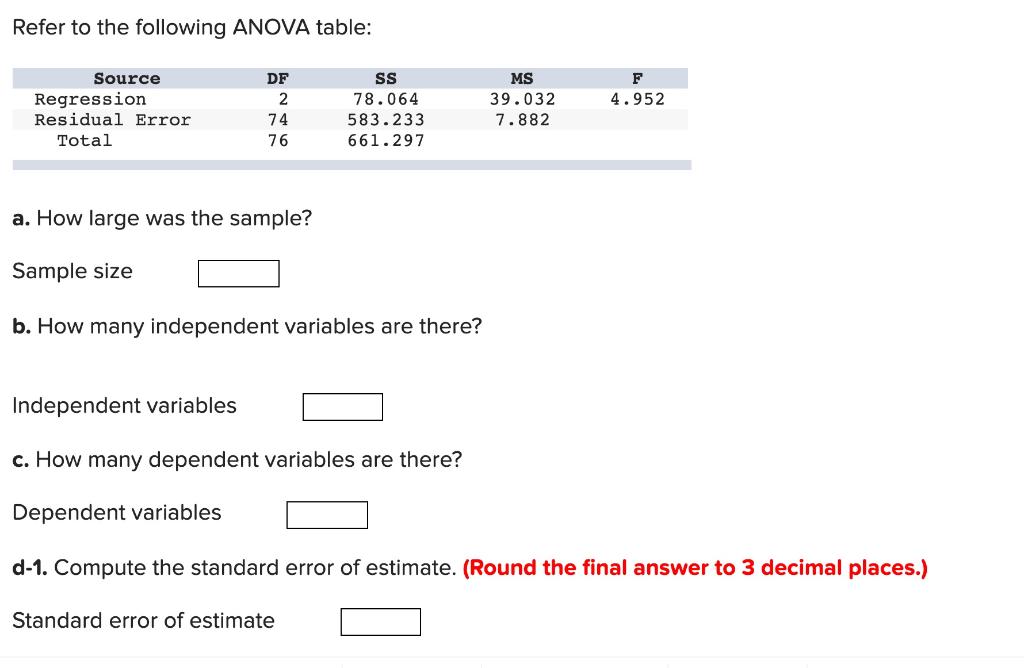 Solved Refer to the following ANOVA table: Source Regression | Chegg.com