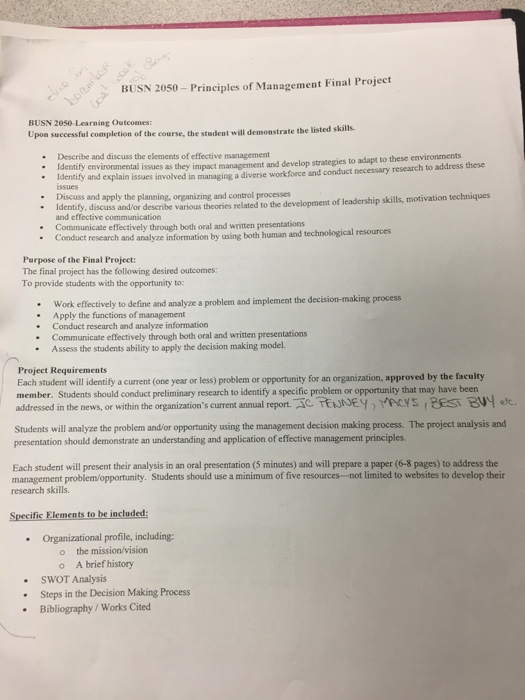 Solved BUSN 2050- Principles of Management Final Project | Chegg.com