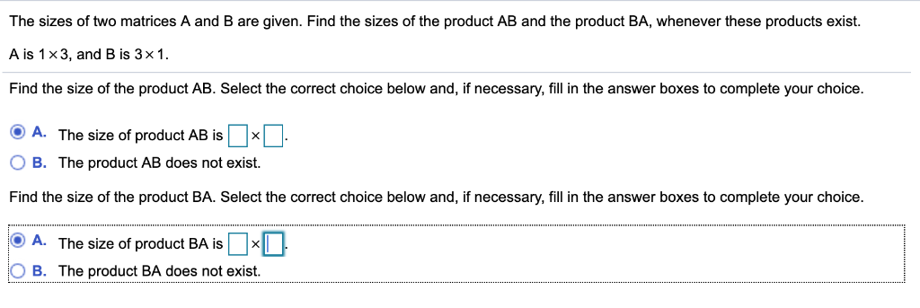 Solved The sizes of two matrices A and B are given. Find the | Chegg.com