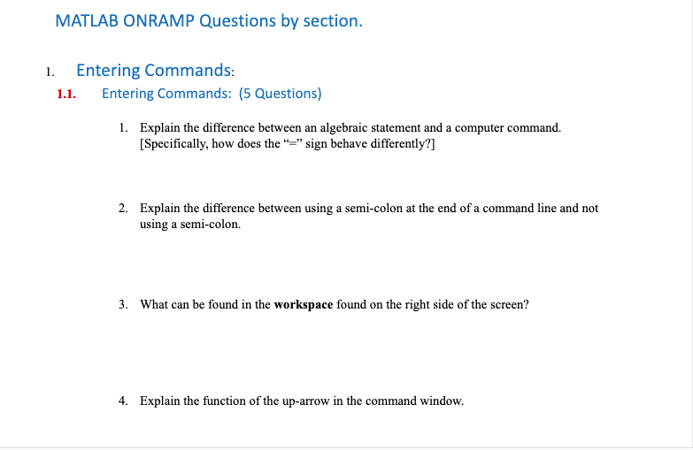 Solved MATLAB ONRAMP Questions by section. 1. Entering | Chegg.com