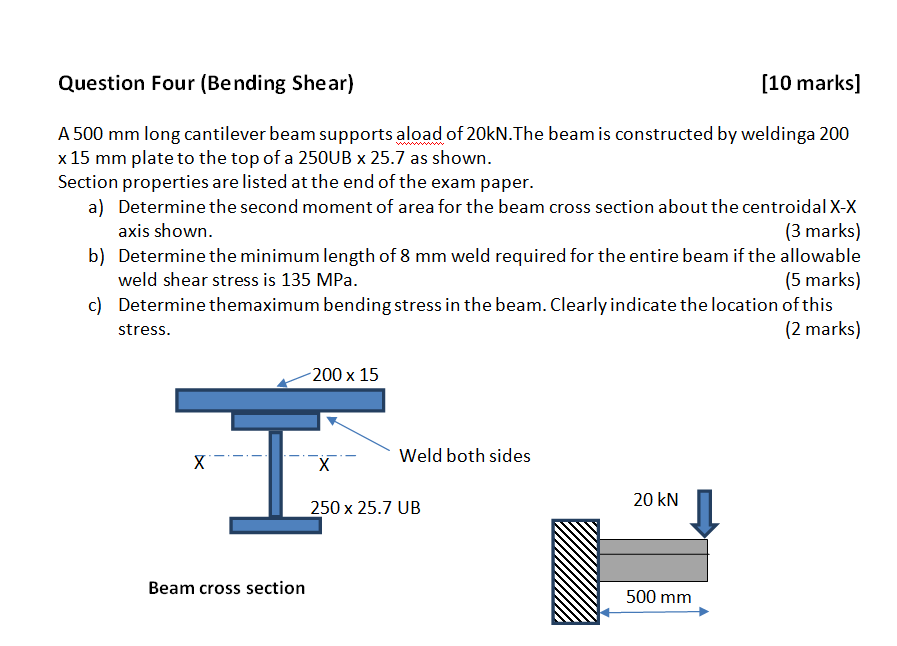 Solved Question Four (Bending Shear) [10 marks] A 500 mm | Chegg.com