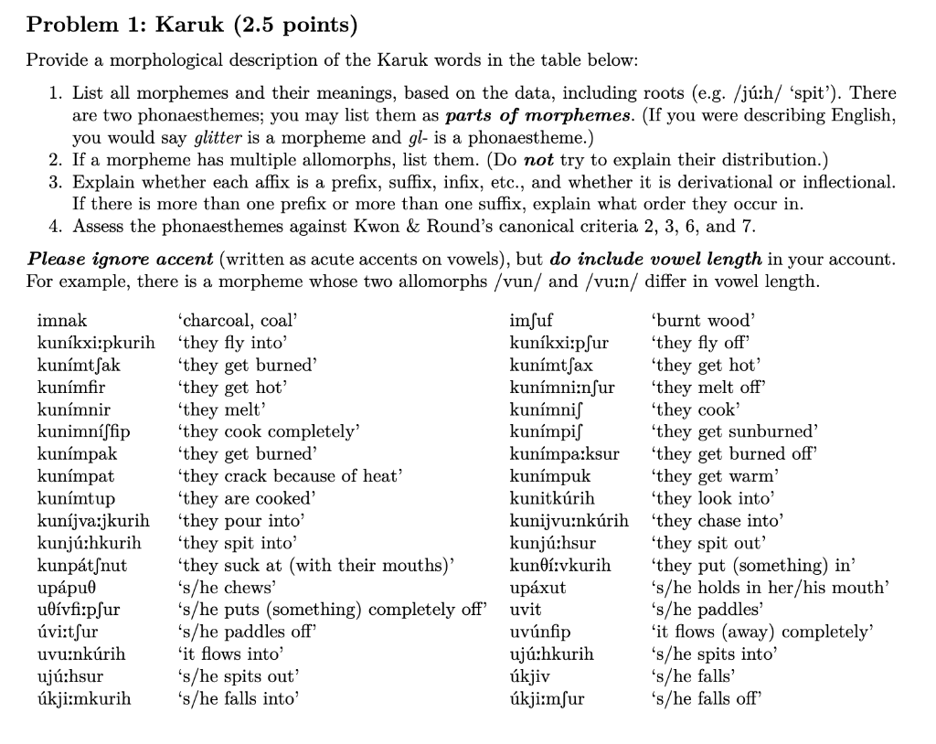 Problem 1: Karuk (2.5 points) Provide a morphological | Chegg.com