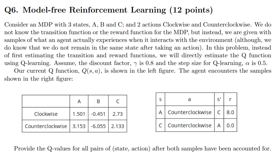 Q6. Model-free Reinforcement Learning ( 12 points) | Chegg.com
