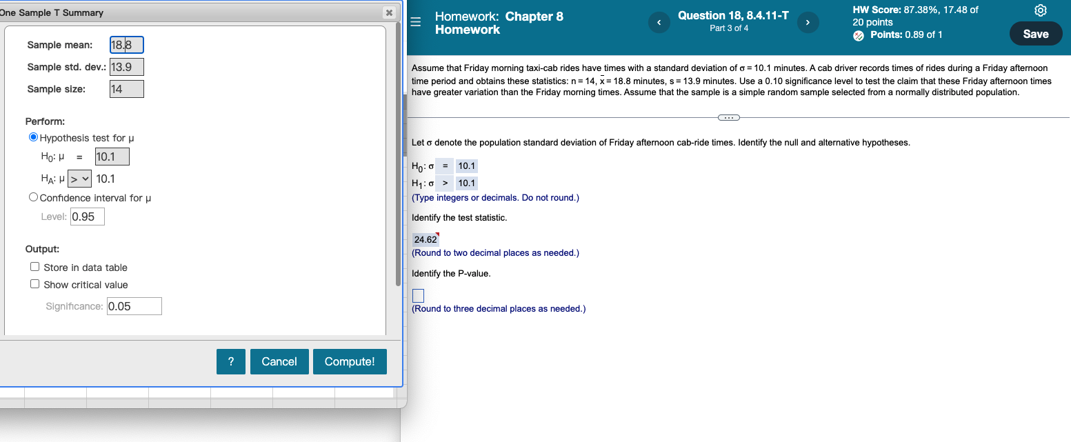 Solved One Sample T Summary Homework: Chapter 8 Homework | Chegg.com