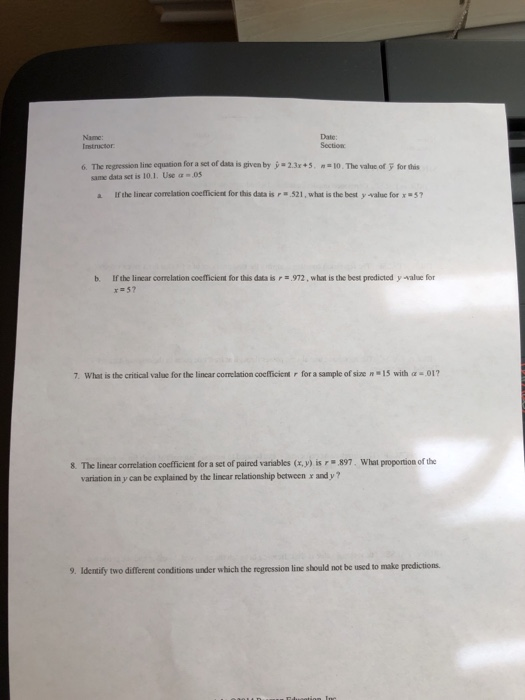 Solved Date: Section Name: Instructor The repression line | Chegg.com