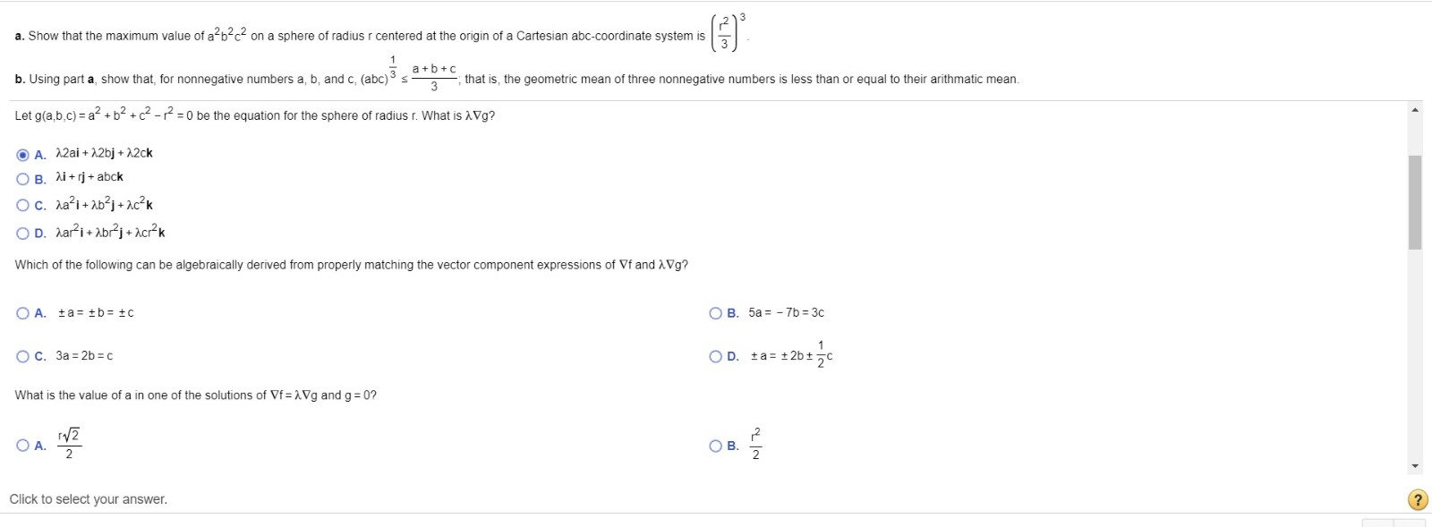 Solved a. Show that the maximum value of a²b2c2 on a sphere | Chegg.com