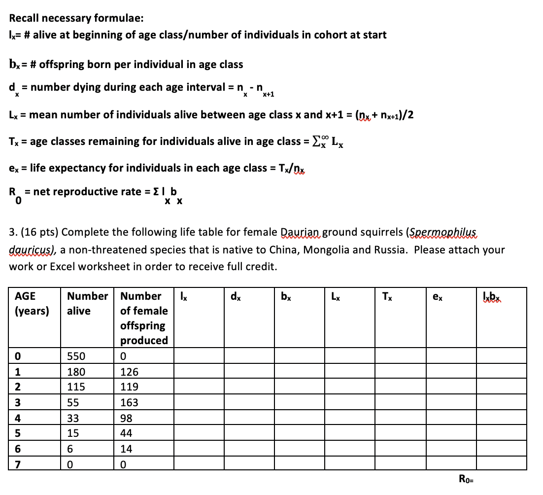 Recall necessary formulae: lx= # alive at beginning | Chegg.com