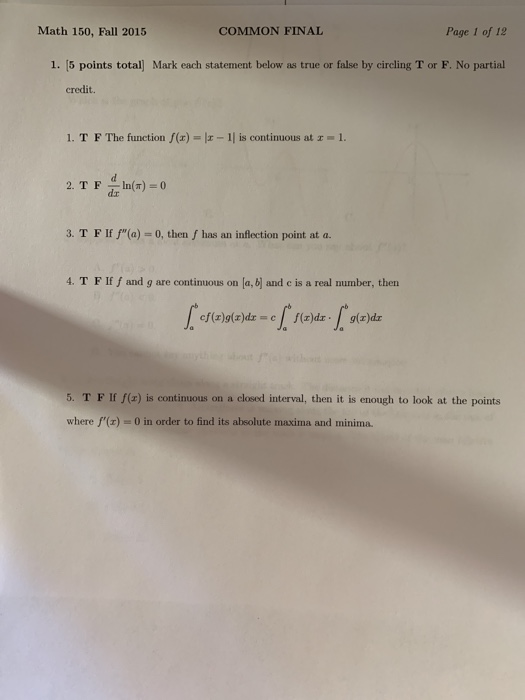 Solved Math 150, Fall 2015 COMMON FINAL Page 1 of 12 1. [5 | Chegg.com