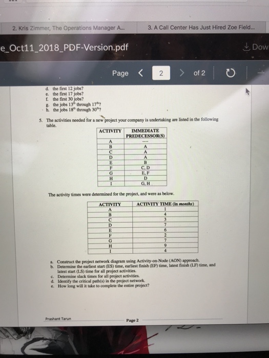 Solved 2. Kris Zimmer, The Operations Manager A... 3. A Call | Chegg.com