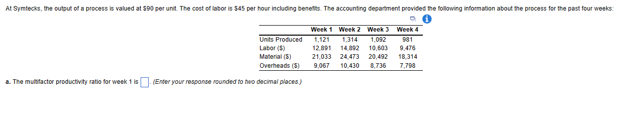 Solved a. The multifactor productivity ratio for week 1 is | Chegg.com