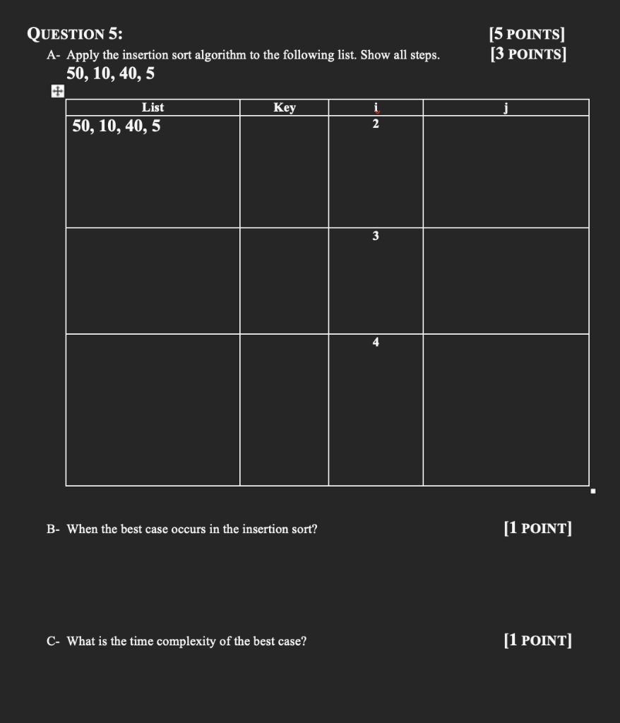 Solved Question 5 A Apply The Insertion Sort Algorithm To 