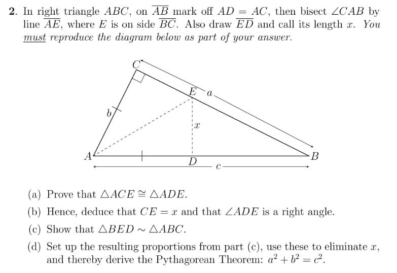 Solved 2. In right triangle ABC, on AB mark off AD = AC, | Chegg.com