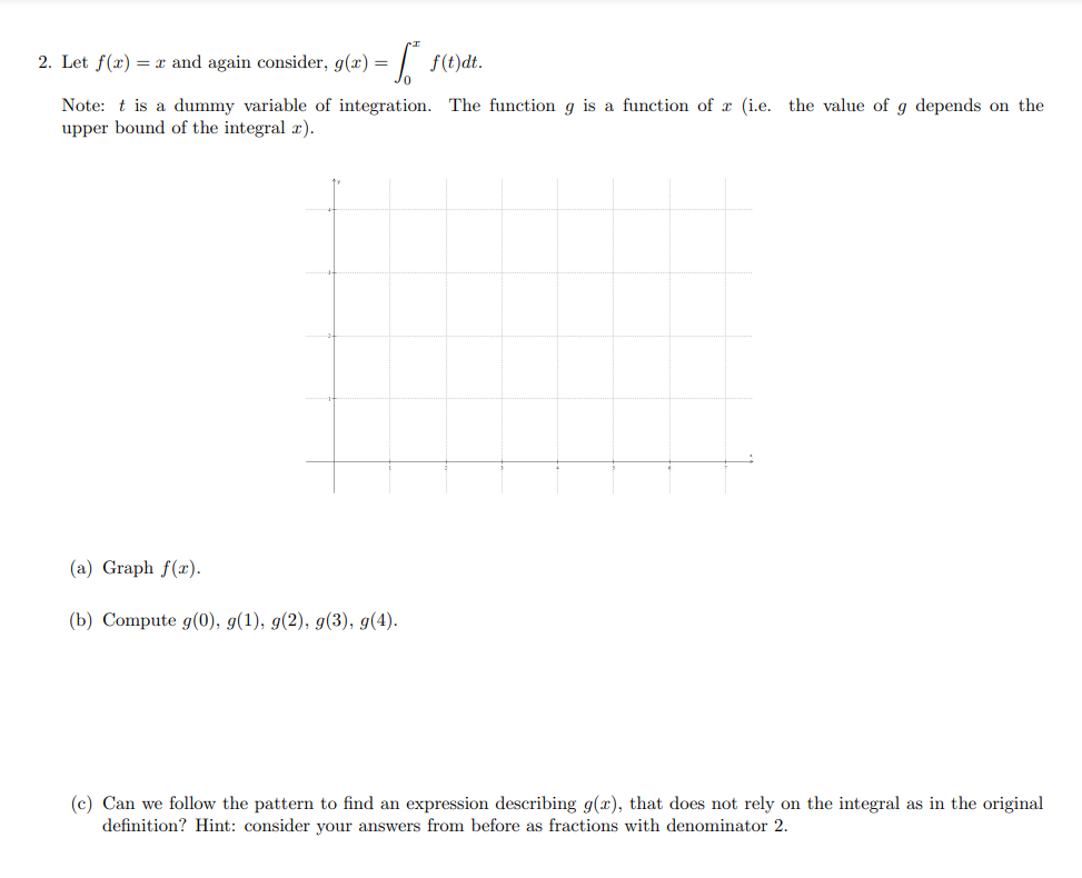 Solved 2. Let f(x)=x and again consider, g(x)=∫0xf(t)dt. | Chegg.com
