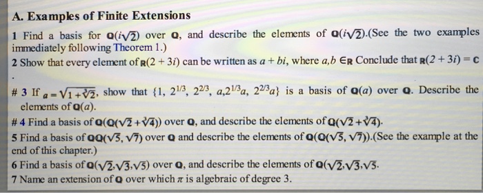Solved A. Examples of Finite Extensions 1 Find a basis for | Chegg.com
