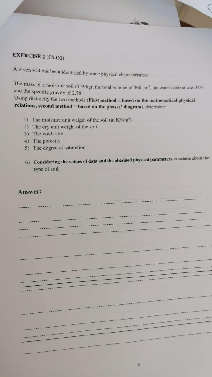 Solved EXERCISE 2 (CLO2) A given soil has been identified by | Chegg.com