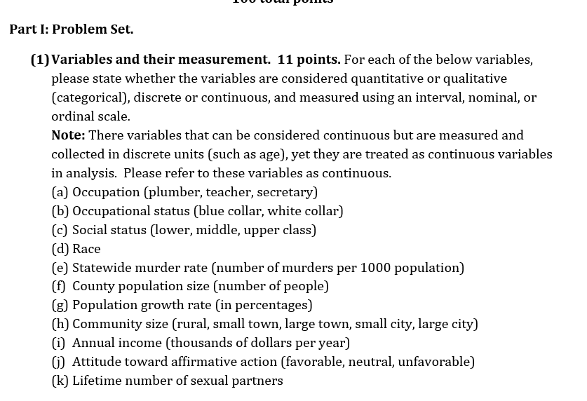 Solved Part I: Problem Set. (1) Variables and their | Chegg.com