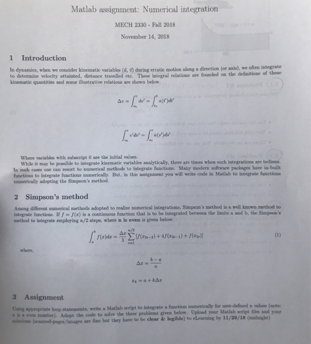 Solved Matlab assignment: Numerical integration MECH 2330- | Chegg.com