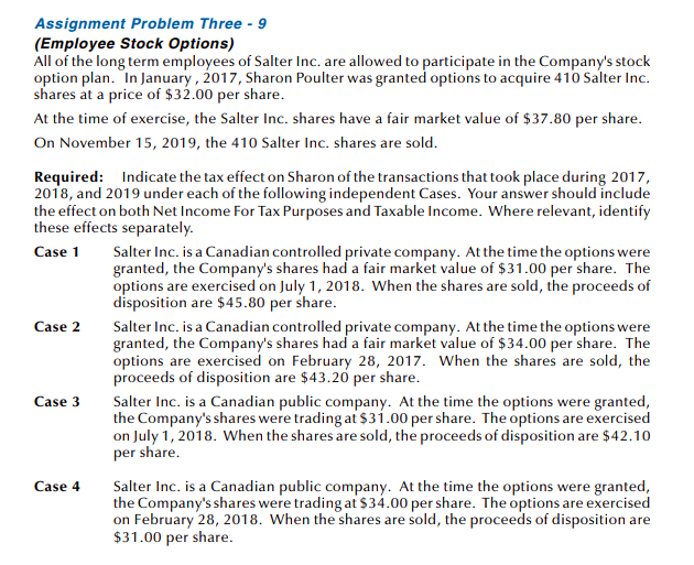 Assignment Problem Three - 9 (Employee Stock Options) | Chegg.com
