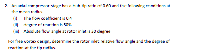 Solved 2. An axial compressor stage has a hub-tip ratio of | Chegg.com