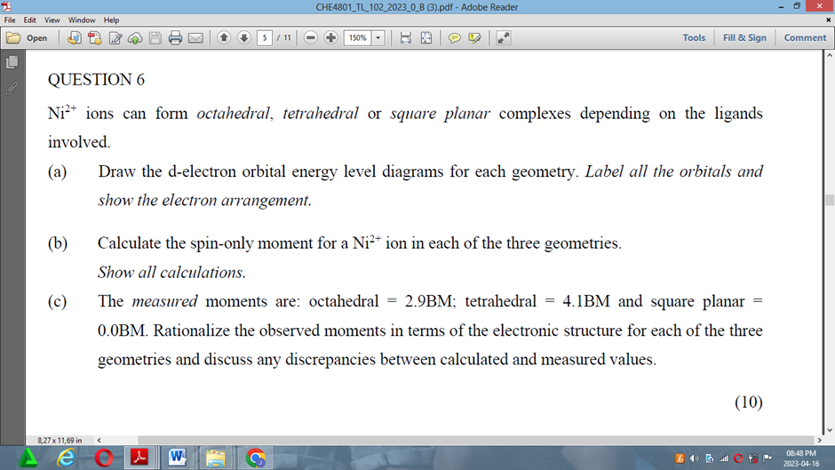 Solved Ni2+ ions can form octahedral, tetrahedral or square | Chegg.com