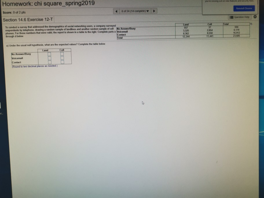 Solved Homework: chi square spring2019 Score: 0 of 2 pts | Chegg.com