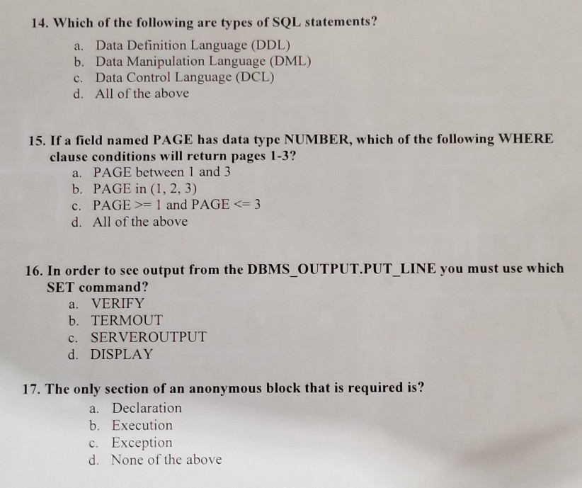 Solved 14. Which of the following are types of SQL | Chegg.com