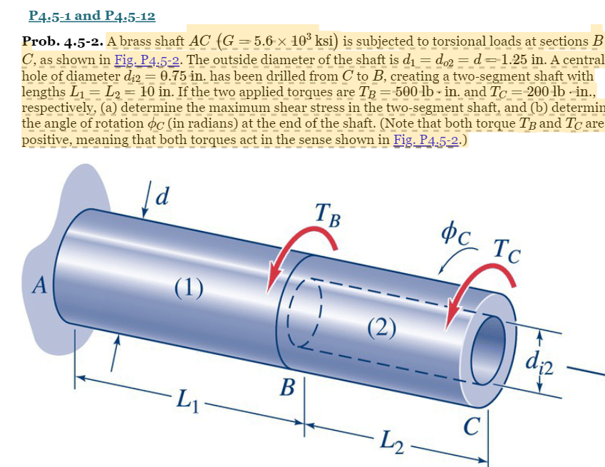 Solved Prob. 4.5-2. A brass shaft AC(G=5.6×103ksi) is | Chegg.com