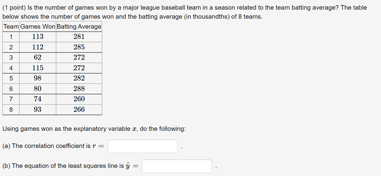 Solved (1 point) Is the number of games won by a major | Chegg.com
