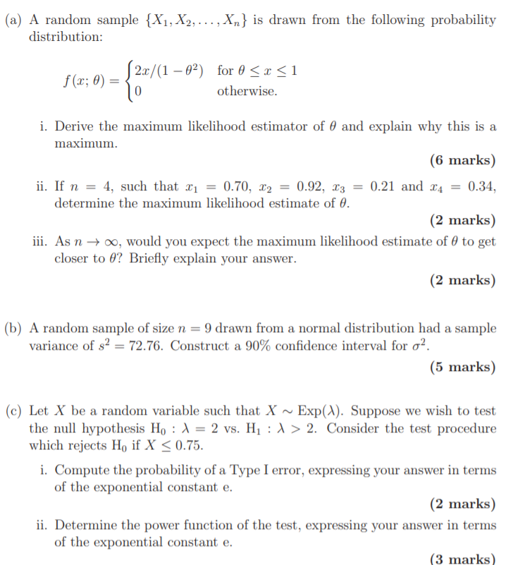 Solved (a) A random sample {X1, X2, ..., Xn} is drawn from | Chegg.com