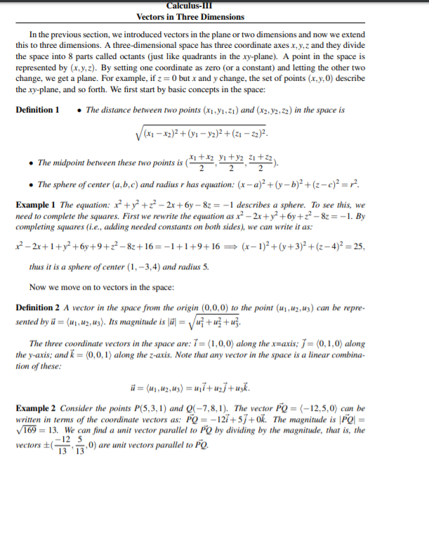 Solved Calculus-III Vectors in Three Dimensions In the | Chegg.com