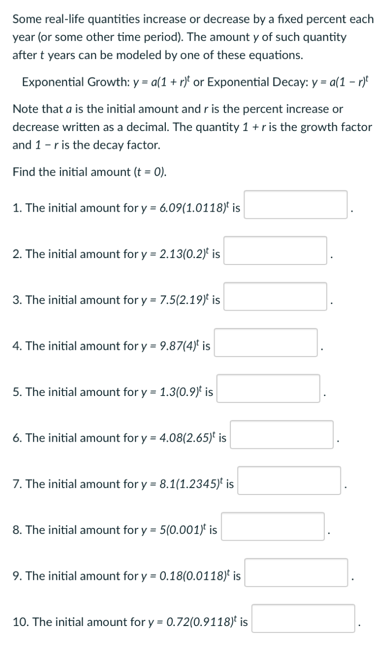 Solved Exponential Growth: y=a(1+r)t or Exponential Decay: | Chegg.com