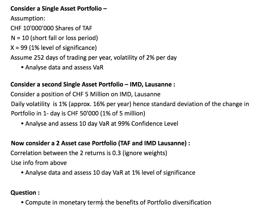 Consider a Single Asset Portfolio - Assumption: CHF | Chegg.com