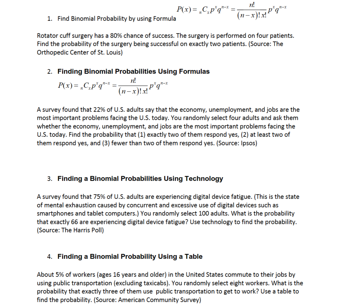 Solved 1. Find Binomial Probability by using Formula | Chegg.com