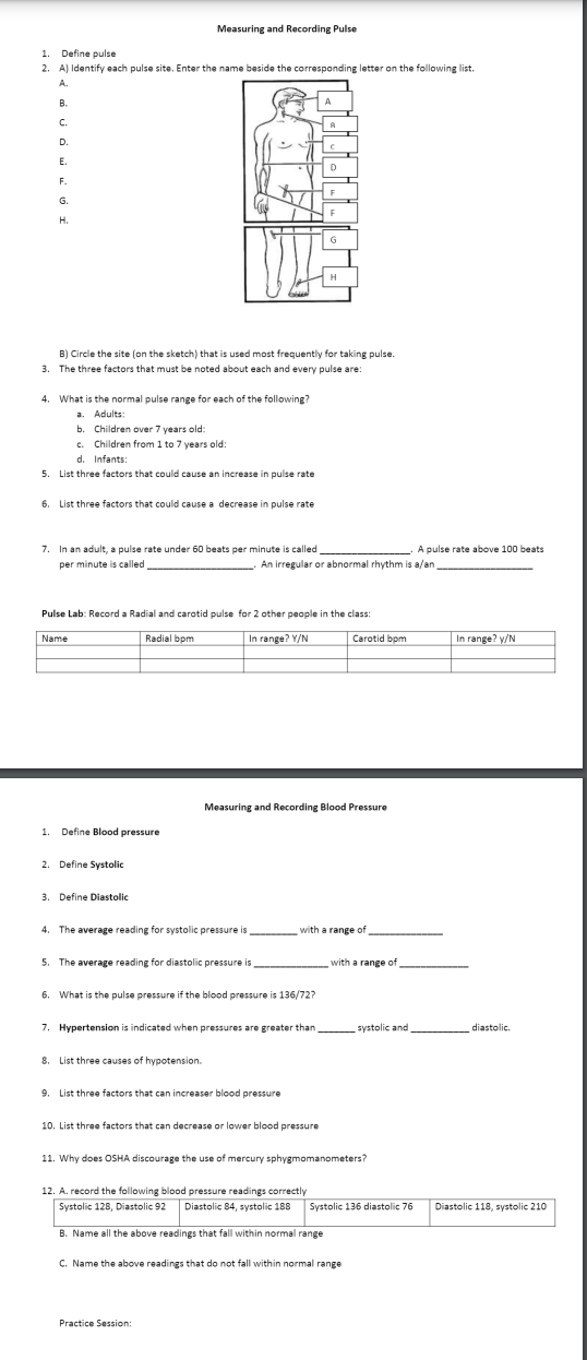 Solved Measuring and Recording Pulse 1. Define pulse 2. A) | Chegg.com