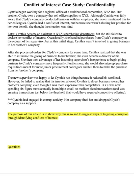 Conflict of Interest Case Study: Confidentiality | Chegg.com