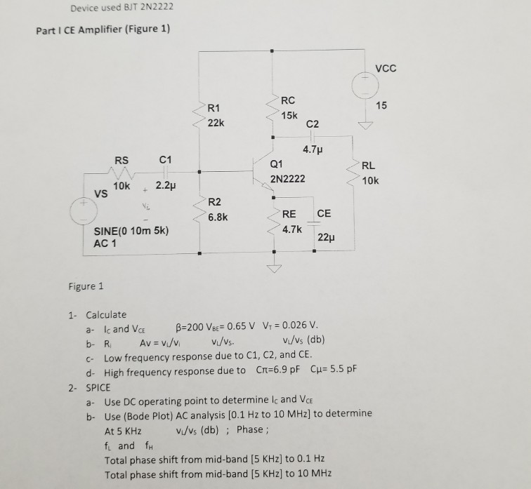 Solved Device used BJT 2N2222 Part I CE Amplifier (Figure 1) | Chegg.com