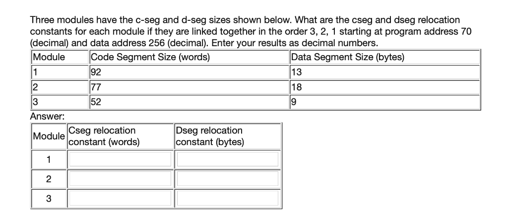 Solved Three modules have the c-seg and d-seg sizes shown | Chegg.com