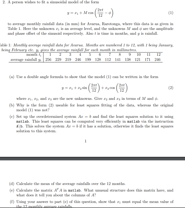 Solved 2. A person wishes to fit a sinusoidal model of the | Chegg.com