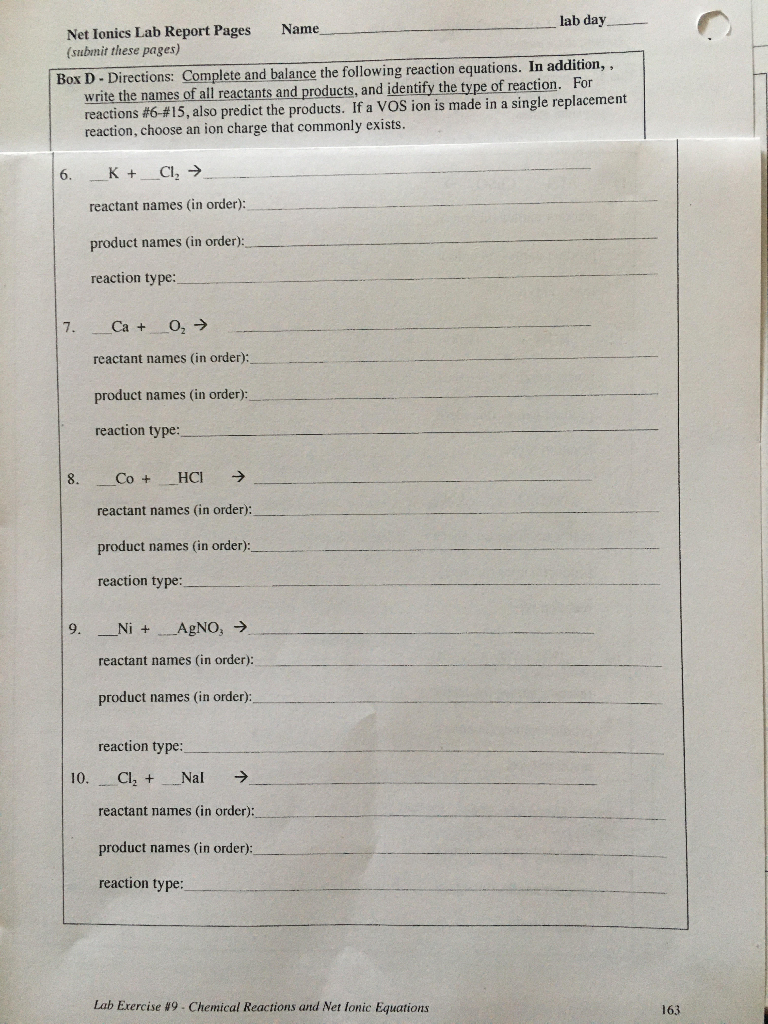 Solved Net Ionics Lab Report Pages Name lab day (submit | Chegg.com