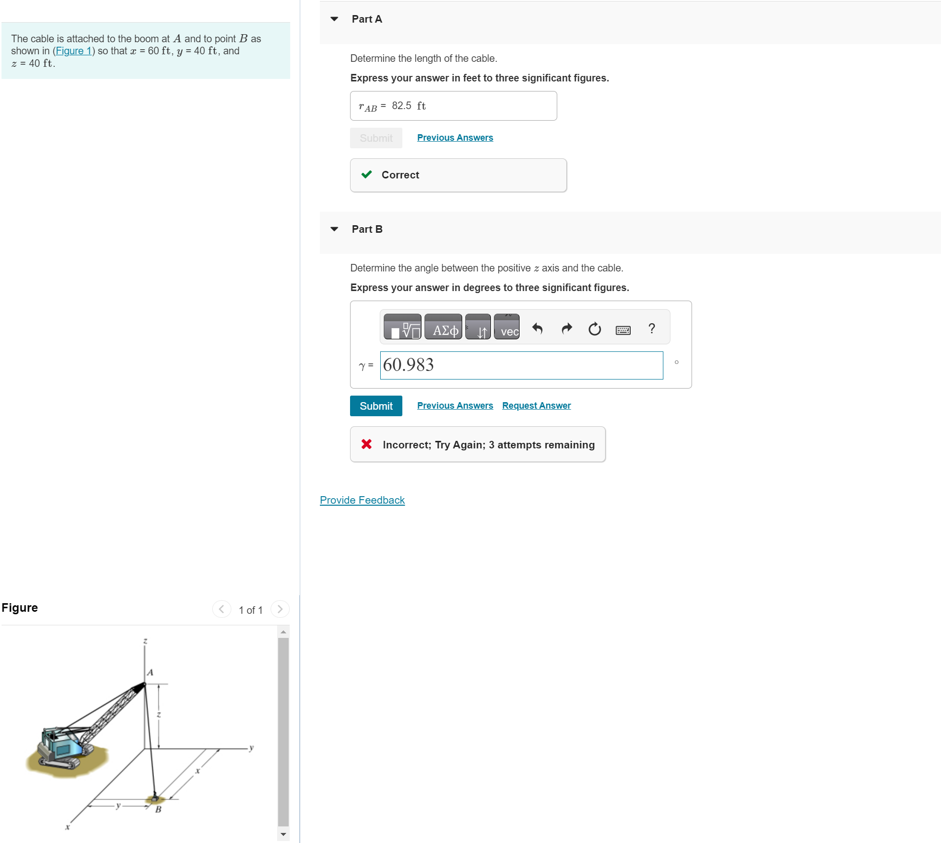 Solved The cable is attached to the boom at A and to point B | Chegg.com