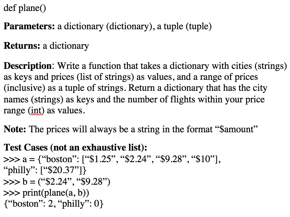 Solved def plane Parameters: a dictionary (dictionary), a | Chegg.com